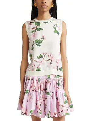 Oscar De La Renta Cherry Blossom Inset Sweater Tank - Pink/ Ecru