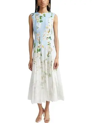 Oscar De La Renta Cherry Blossom Dégradé Cady & Chiffon Dress - White Blue Ombre
