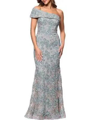 XSCAPE EVENINGS Soutache Lace Off-the-shoulder Gown - Sage/ Gold