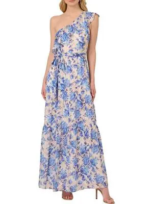 Adrianna Papell Metallic Ruffle One-shoulder Maxi Dress - Champagne/ Blue Multi