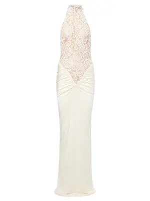 THE NEW ARRIVALS ILKYAZ OZEL Embroidered Ruched Halterneck Gown - White