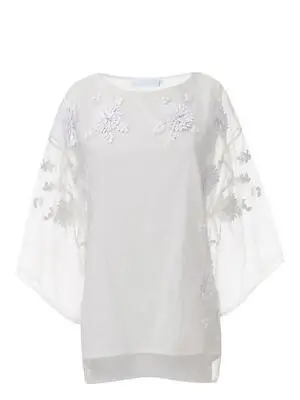 LEEM Floral Embellished Mesh Top - White
