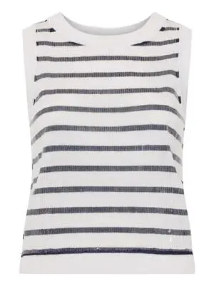 MILLY Sequin Knit Sleeveless Shell Top Ecru/navy