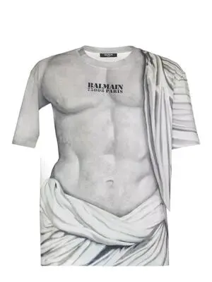 Balmain Logo Statue-print Cotton T-shirt - Grey