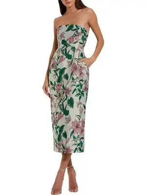 Mac Duggal Floral Brocade Strapless Fitted Midi Dress - Lily