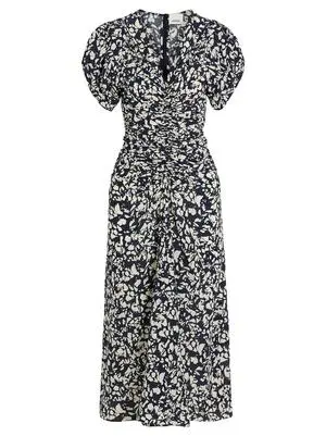 Isabel Marant Lilia Ruched Printed Stretch-silk Midi Dress - Black