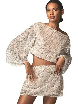 MARE MARE Sequin Long-sleeve Crop Top And Mini Skirt Set - Ivory