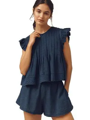 PILCRO Pilcro Jade 100% Cotton Pintucked Blouse With Ruffle Sleeves Blue