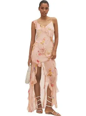 Bhldn Rae Asymmetric Ruffle Printed Chiffon Maxi Dress - Pink Print