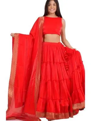 RAAS Tiered Lehenga Choli Set - Red