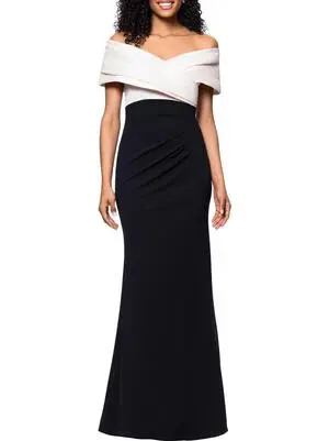 Betsy & Adam Off The Shoulder Scuba Crepe Gown - Champagne/ Black