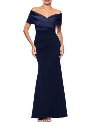 Betsy & Adam Off The Shoulder Scuba Crepe Gown - Navy/navy