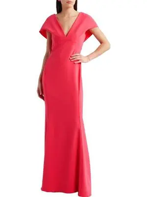 Amsale Flutter Sleeve Crepe Gown - Coral