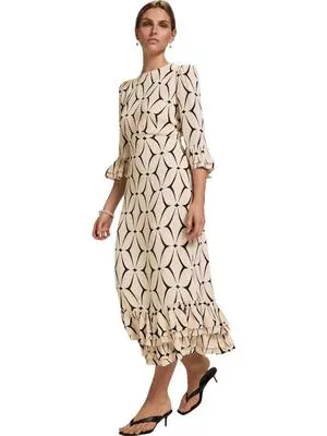 Mint Velvet Geometric Print Ruffle Midi Dress - Cream