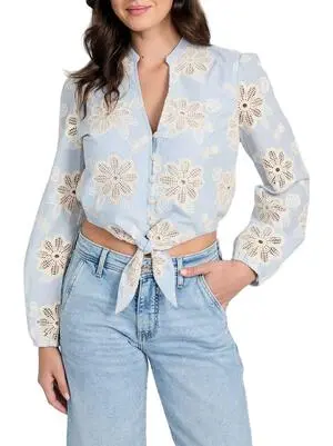 Guess Floral Embroidered Long Sleeve Tie Front Top - Blue