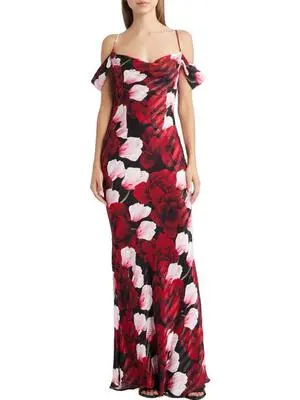 SONYA MODA Del La Mer Draped Cold Shoulder Gown Midnight Roses