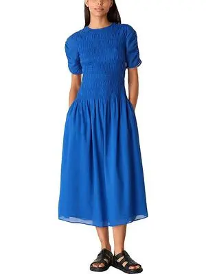 Whistles Avery Smocked Midi Dress - Blue