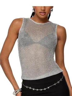 EDIKTED Amalya Shiny Sheer Knit Top - Silver