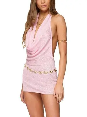 EDIKTED Cowl Neck Backless Knit Mini Dress - Light-pink