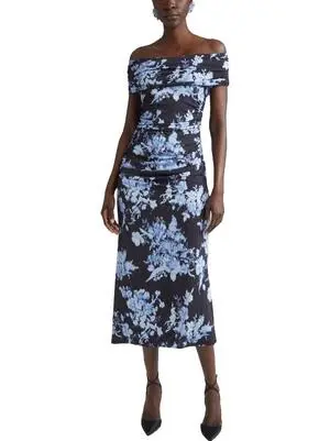 Carolina Herrera Floral Print Ruched Off-the-shoulder Jersey Gown - Midnight Multi