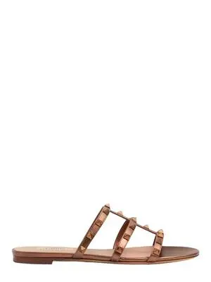 Valentino Garavani Rockstud Flat Metallic Nappa Slide Sandals - Brown