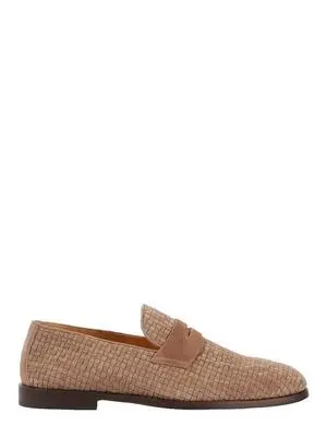 Brunello Cucinelli Woven Suede Penny Loafers - Brown