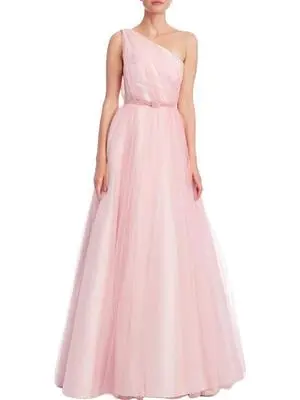 Badgley Mischka One-shoulder Tulle Gown - Peony