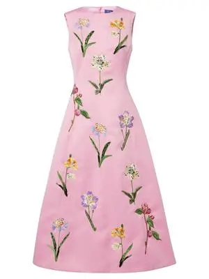 LEO LIN Cleo Floral Embroidered Satin Midi Dress - Pink