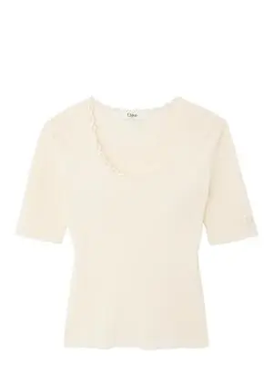 Chloé Ribbed Cotton-blend Bouclé T-shirt With Picot Trims - Cream