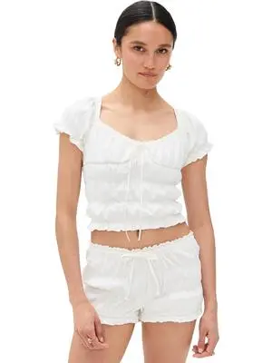 BAILEY ROSE Smocked Lace Trim Top - White Denim