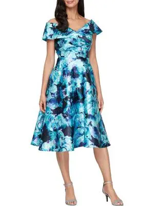 Alex Evenings Printed Mikado Cocktail Dress - Aqua Multi