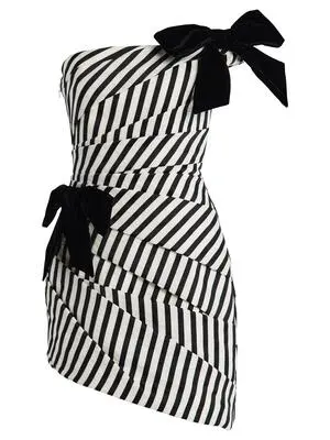Carolina Herrera Pleated Ribbon-striped Jacquard Mini Dress - Black,white