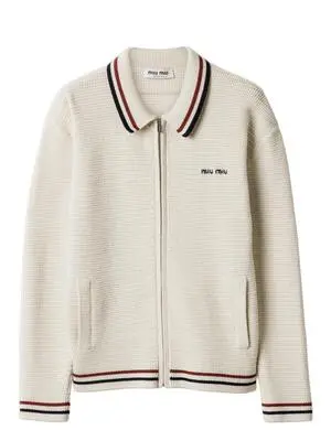 Miu Miu Cotton Knit Zipper Cardigan - Natural