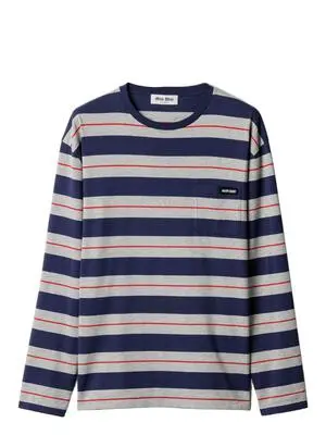 Miu Miu Long-Sleeved Cotton Jersey T-Shirt Gray/navy