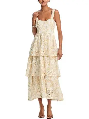 Aqua Floral Eyelet Tiered Midi Dress - Yellow Floral