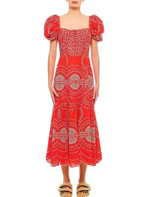 Charo Ruiz Ibiza Embroidered Puff-sleeve Midi Dress - Red