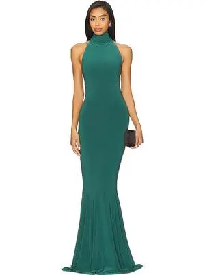 Norma Kamali Halter Turtle Fishtail Gown - Mountain Green