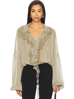 SNDYS. Cropped Chiffon Top With Ruffle And Lace Detail - Sage