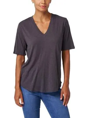FRANNE GOLDE Slub Jersey V-neck Elbow Sleeve Tee - Carbon