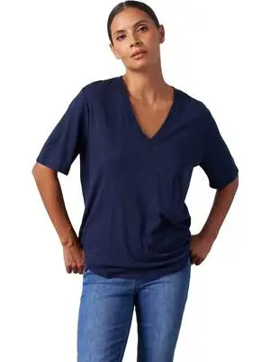 FRANNE GOLDE Slub Jersey V-neck Elbow Sleeve Tee - Navy