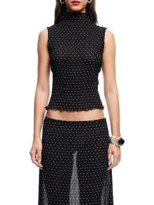 Lioness Dot Print Funnel Neck Plissé Top - Onyx Polka