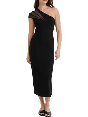 MARCELLA Kiran Sheer Accent One-shoulder Midi Dress - Black