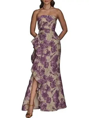 Donna Karan New York Floral Ruffle Strapless Jacquard Trumpet Gown - Wisteria M