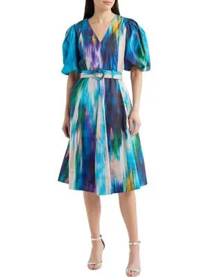 Elie Tahari Miriam Ikat-print Cotton Dress - Water Canvas Print