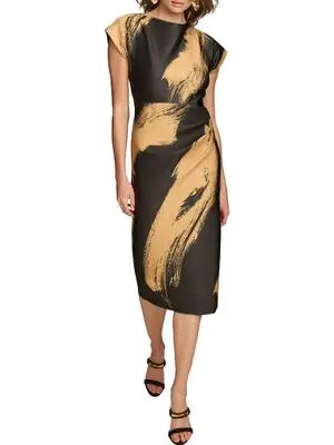 Donna Karan New York Pleated Sheath Cocktail Dress - Black/ Gold