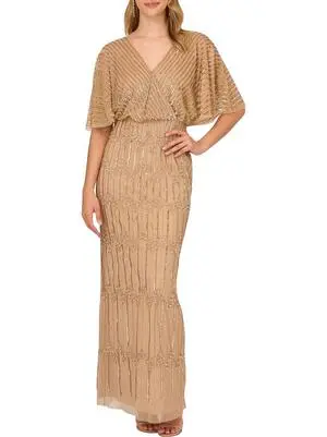 Adrianna Papell Beaded Evening Gown - Champagne Gold