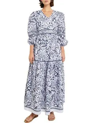 Misook Embroidered Floral Cotton Maxi Dress - Mazarine/ White