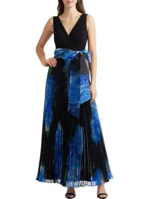 ELIZA J Pleated Sleeveless Gown With Waist Tie