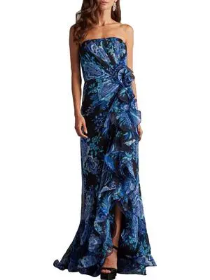 Tadashi Shoji Side Ruffle Strapless Gown - Black/ Blue Floral