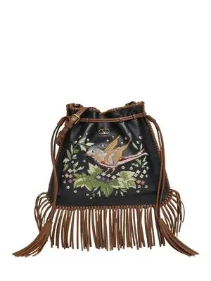 Valentino Garavani Nellcote Alice Large Fringe Studded Leather Bucket Bag - Multi